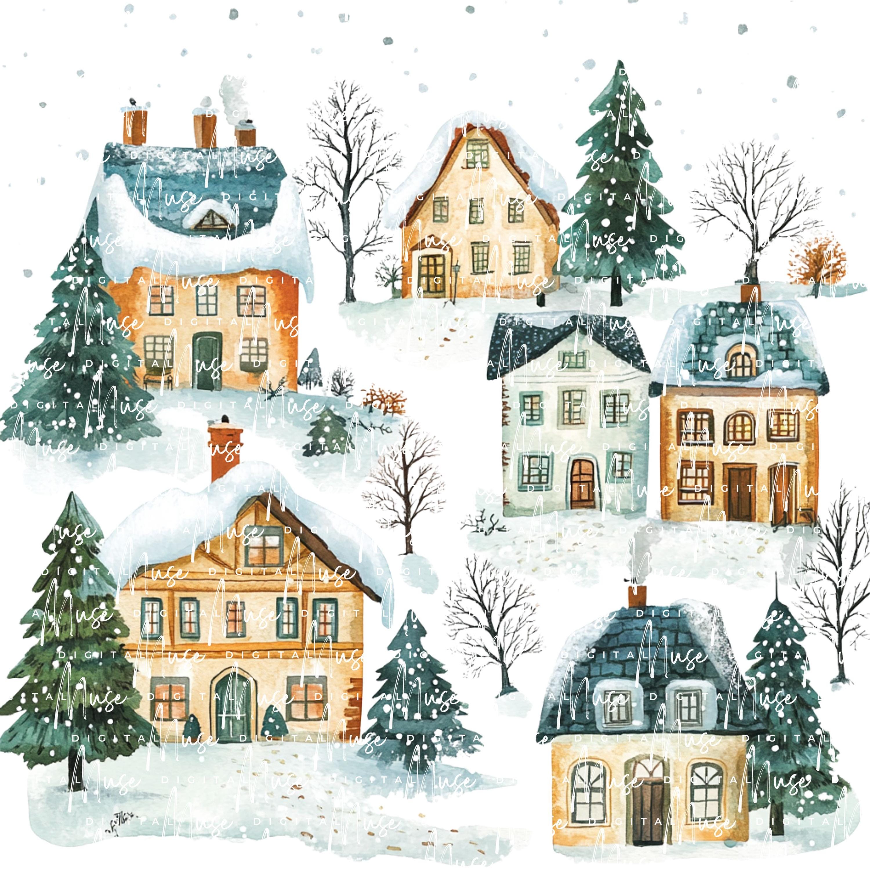 Winter Houses Watercolor Clipart | Snowy Cottage Village JPEG Set ...