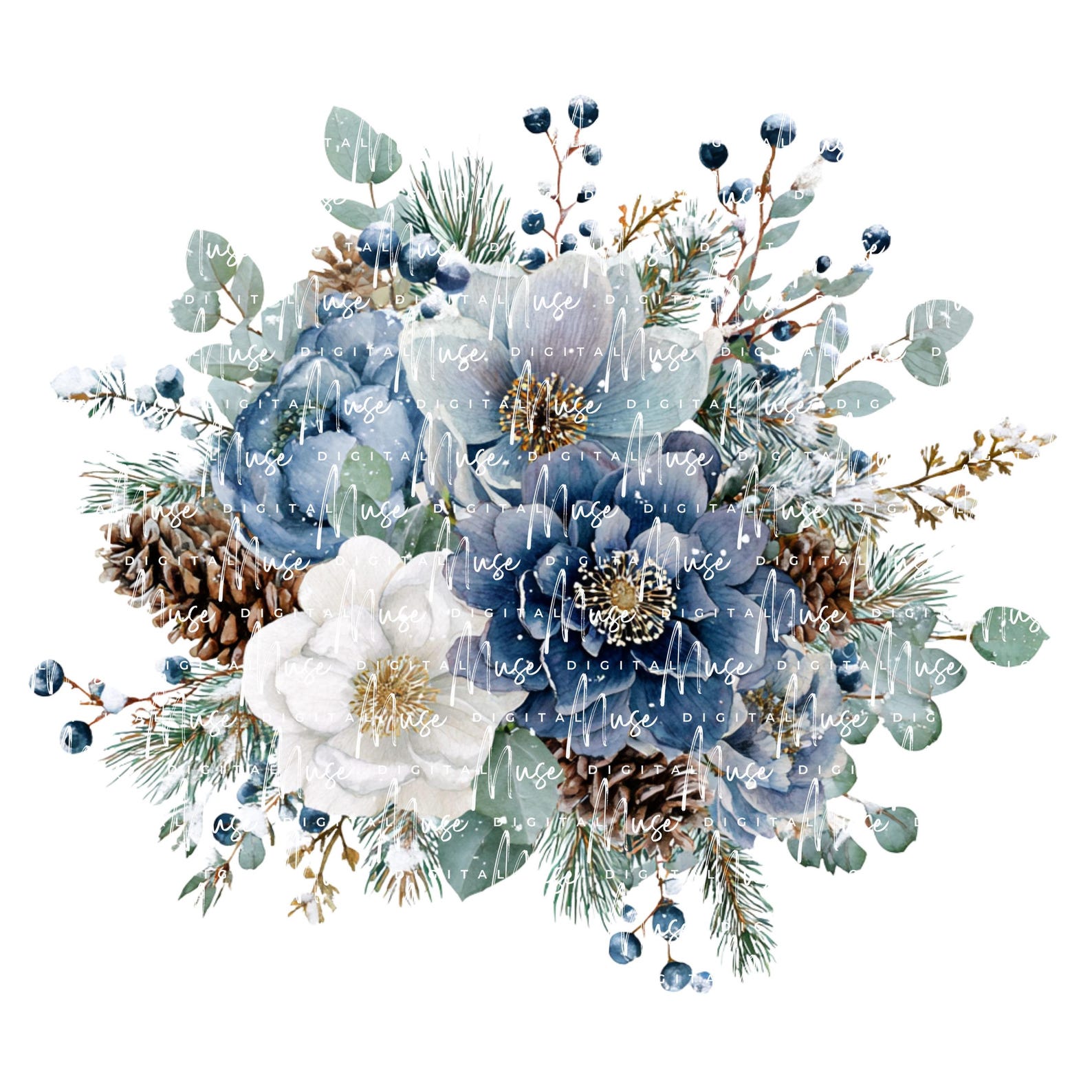 11 Winter Blue Floral Clipart Bundle, Watercolor Christmas Flowers ...