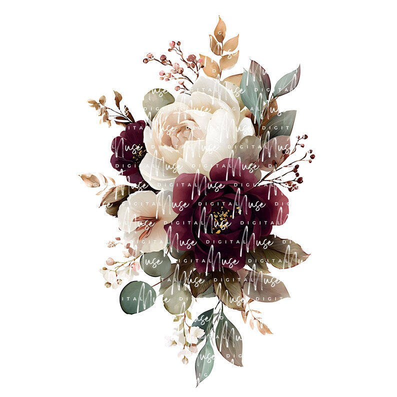 Burgundy Peony Floral Clipart PNG Bundle, Boho Wedding Flowers, Marsala ...