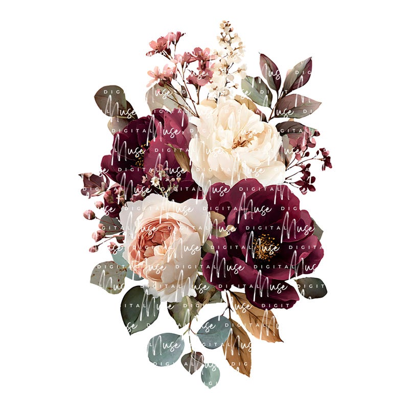 Burgundy Peony Floral Clipart PNG Bundle, Boho Wedding Flowers, Marsala ...