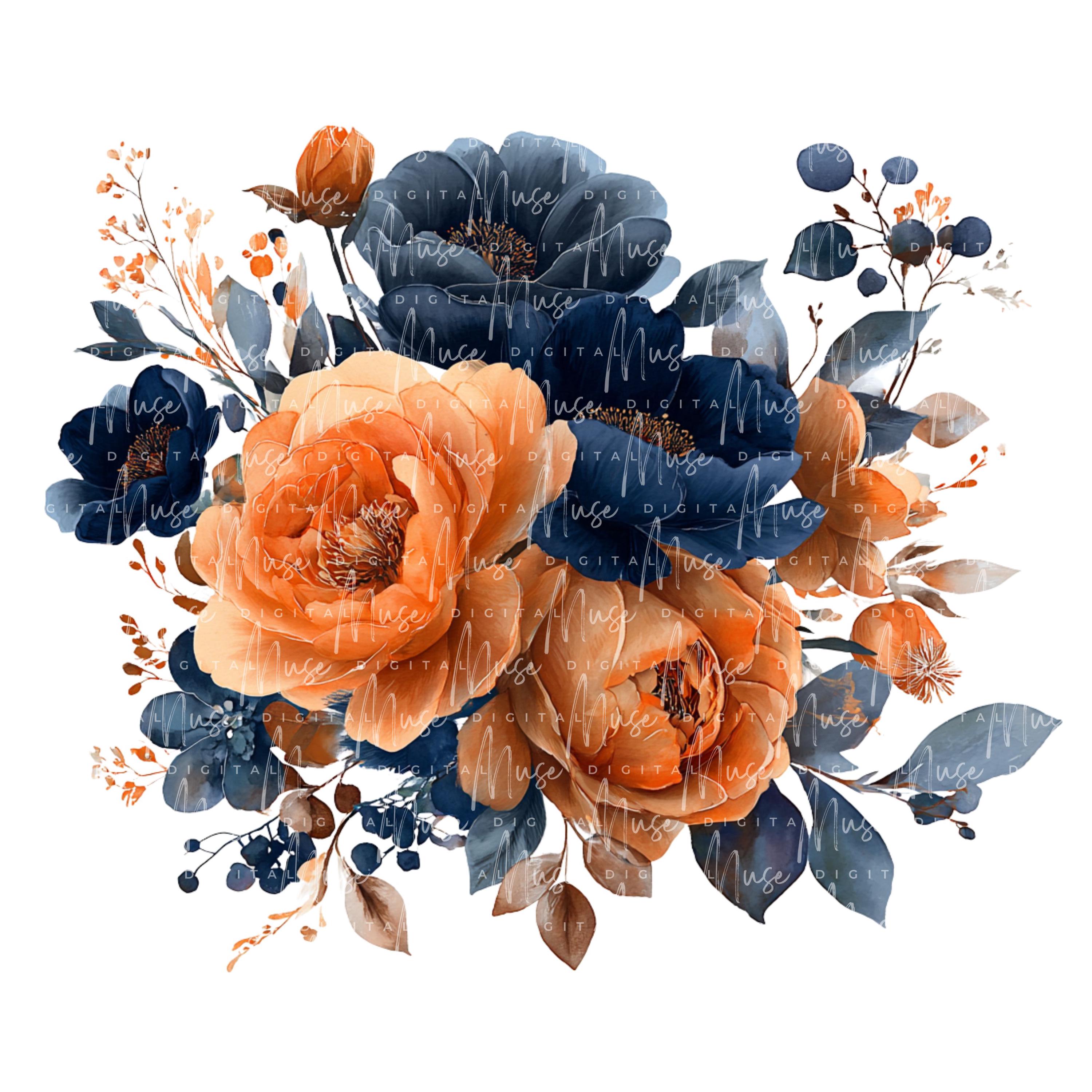 Navy Orange Floral Clipart, Watercolor Bouquet PNG Set, Autumn Wedding ...