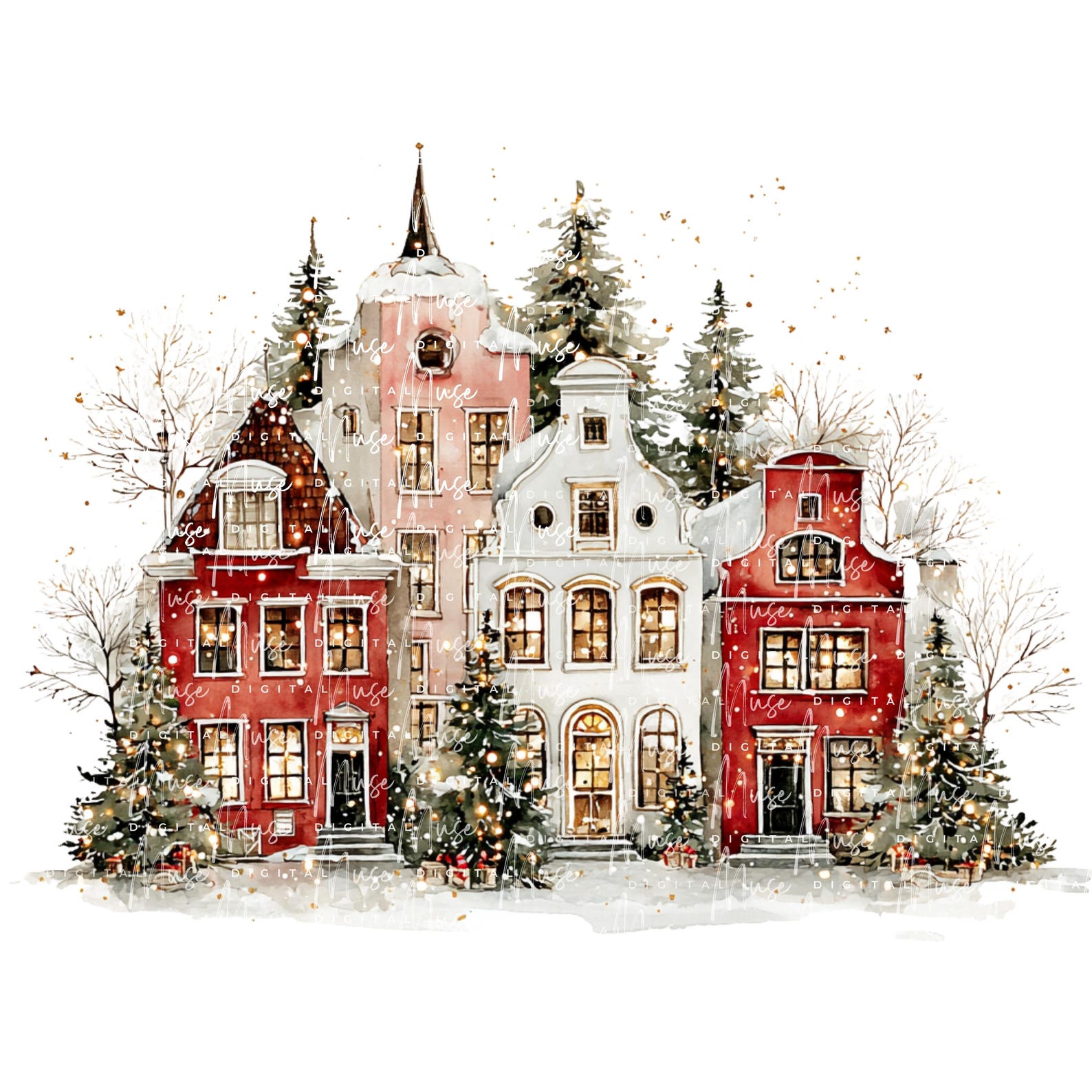 Watercolor Christmas Village Clipart Bundle: Festive Winter Houses (PNG ...