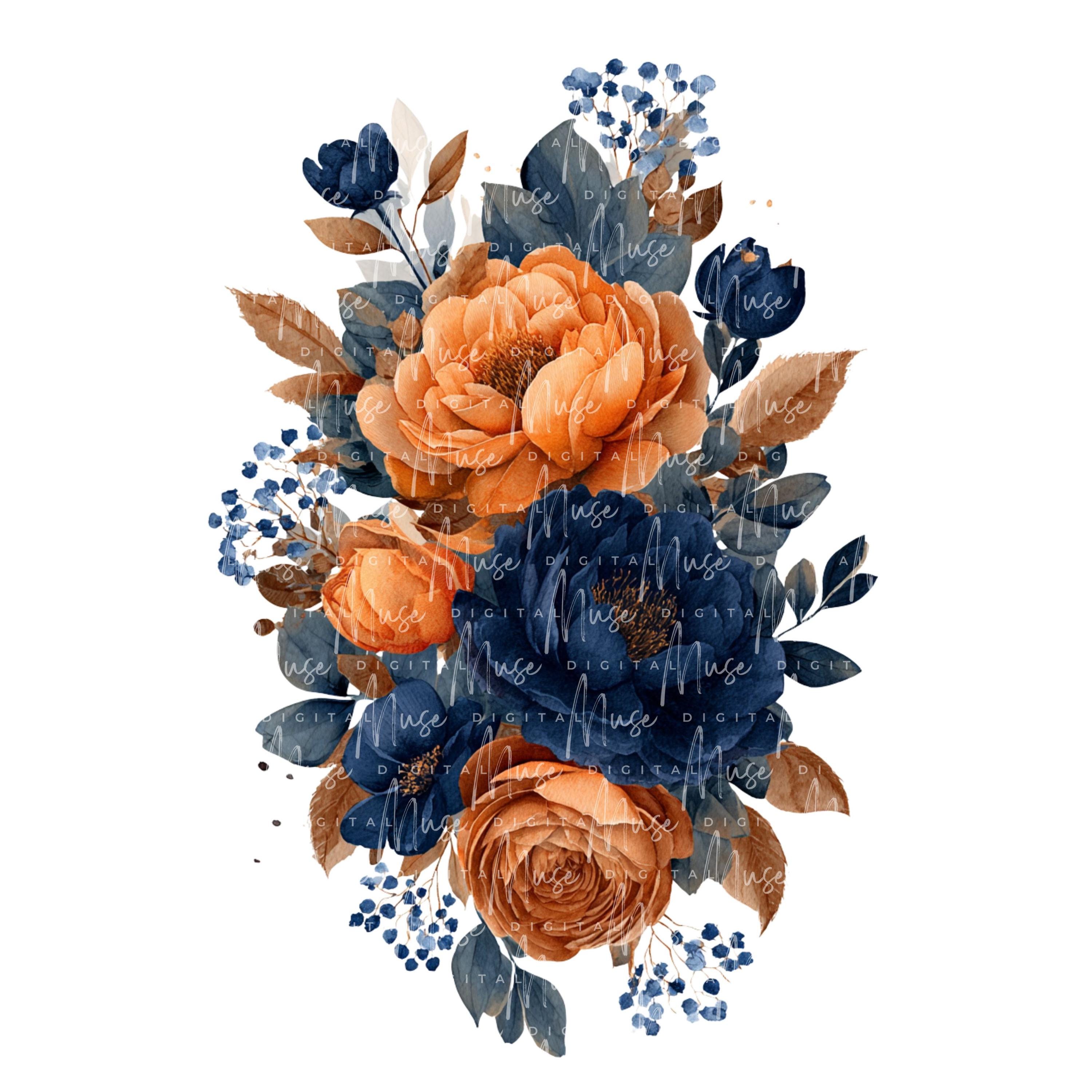 Navy Orange Floral Clipart, Watercolor Bouquet PNG Set, Autumn Wedding ...