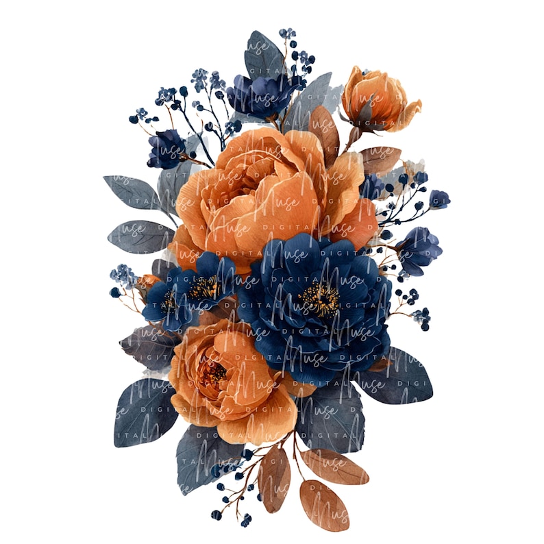 Navy Orange Floral Clipart, Watercolor Bouquet PNG Set, Autumn Wedding ...
