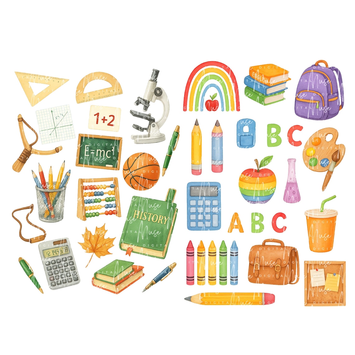 Pastel School Supplies Clipart Bundle: Kawaii Classroom Decor (PNG ...