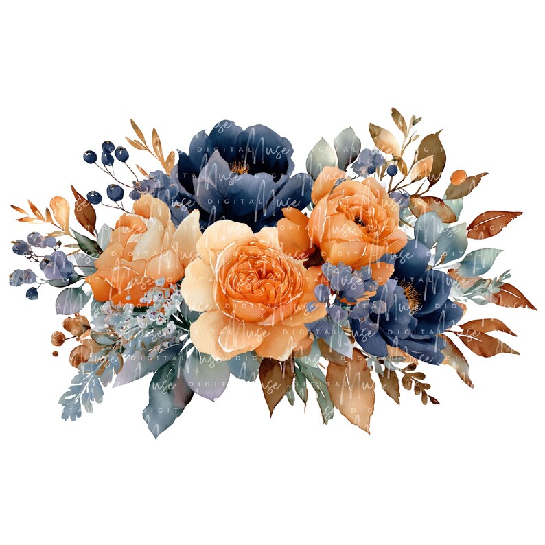 Navy Orange Floral Clipart, Watercolor Bouquet PNG Set, Autumn Wedding ...