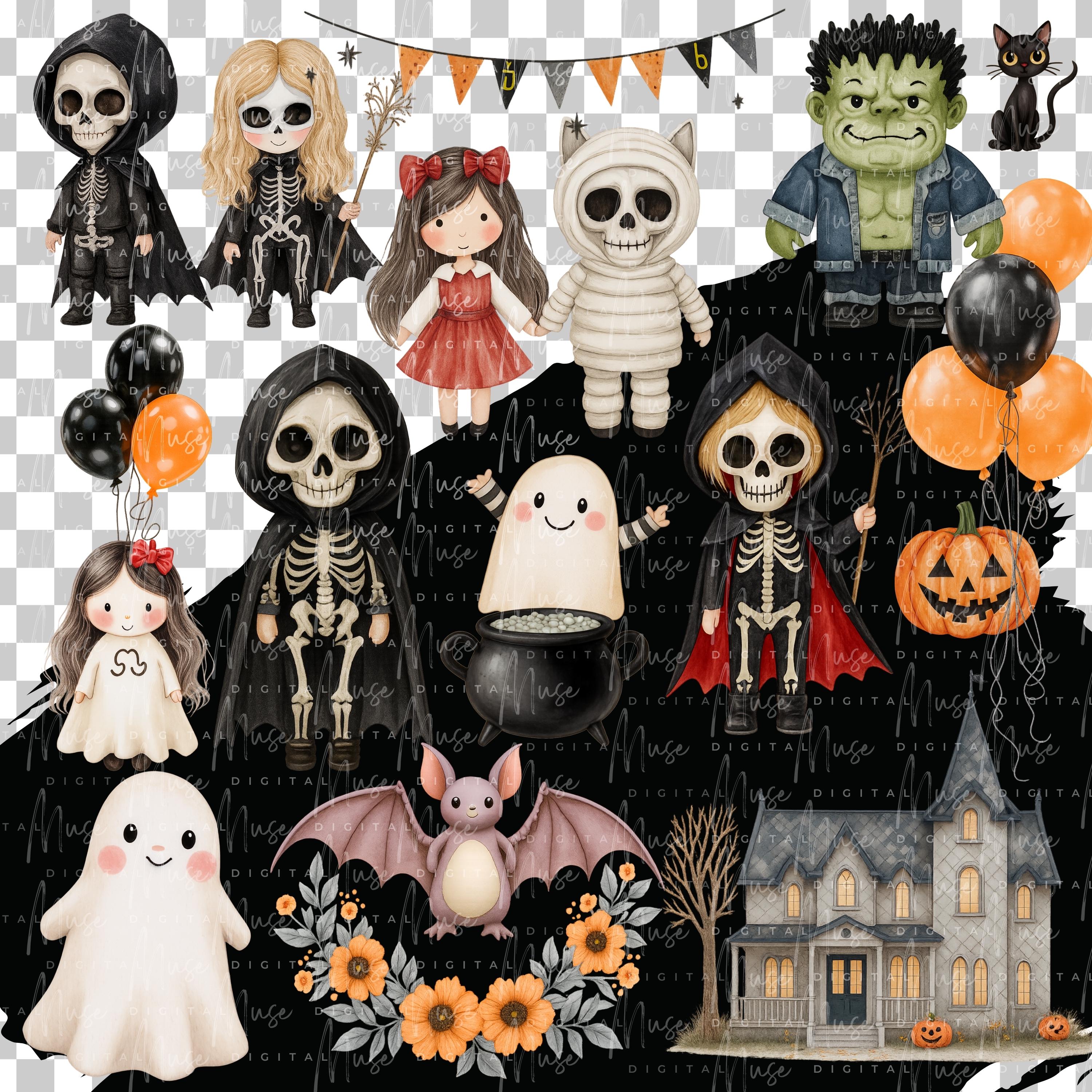 Halloween Clipart Set of 35 PNG | Cute Spooky Characters, Ghosts ...