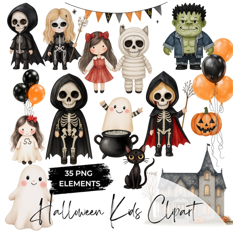 Halloween Clipart Set of 35 PNG | Cute Spooky Characters, Ghosts ...