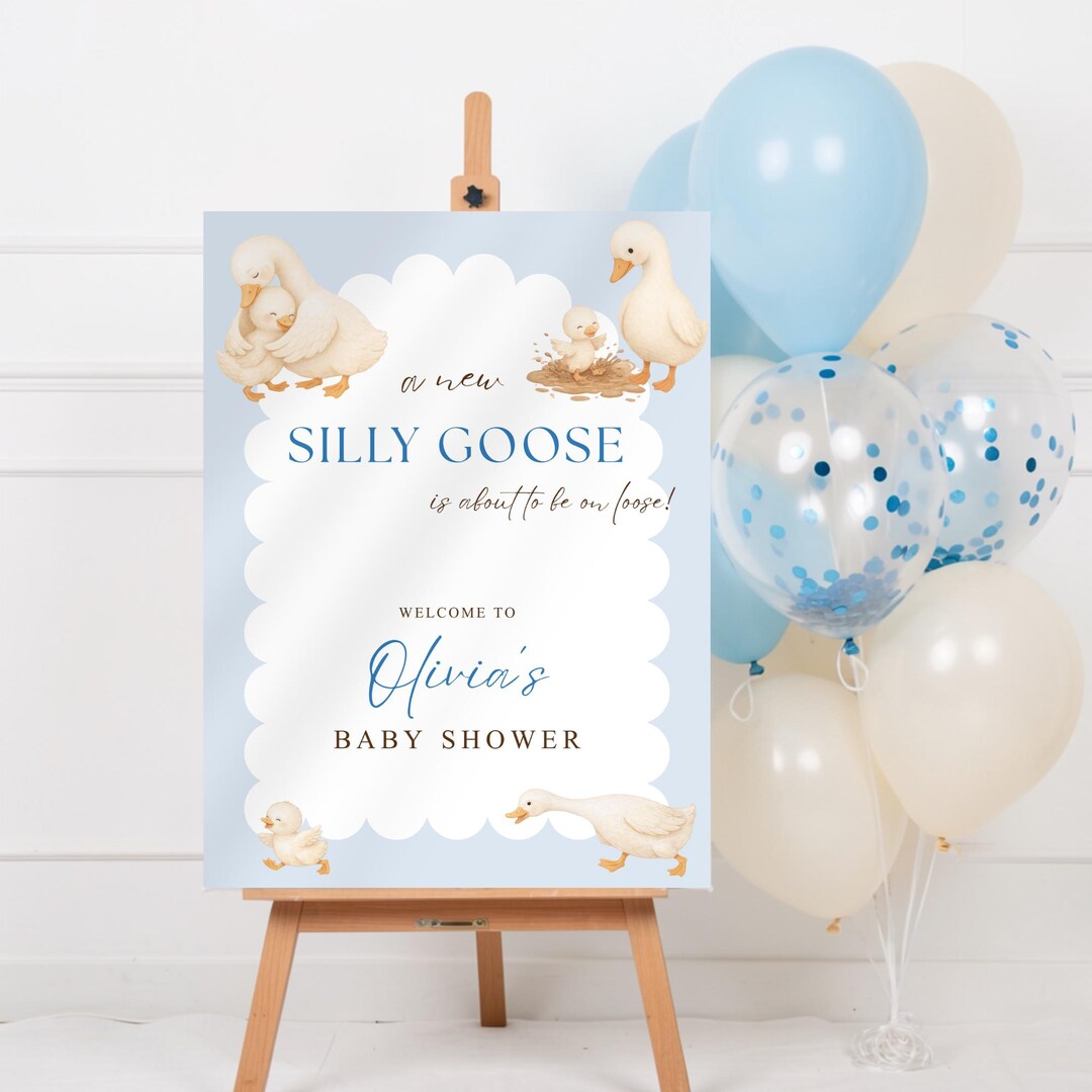 Silly Goose Baby Shower Welcome Sign, Editable Canva Blue Template ...