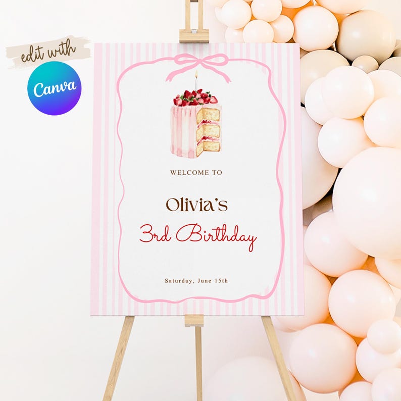 Editable Strawberry Cake Birthday Welcome Sign | Pink Bow Party Canva ...