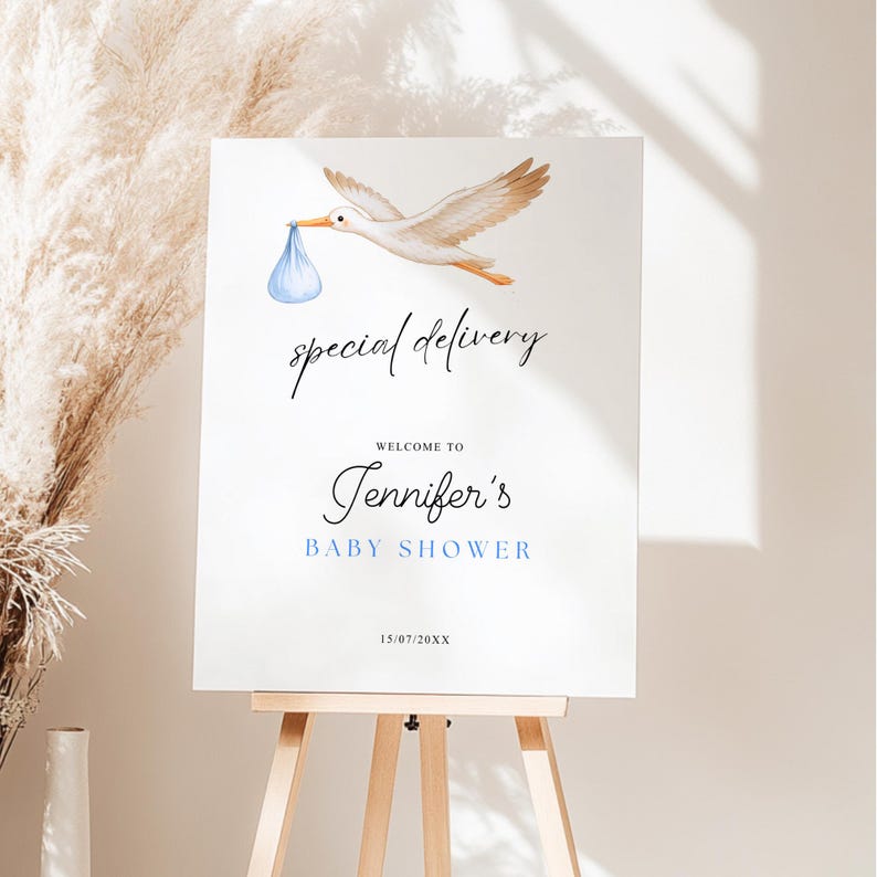 Editable Baby Shower Welcome Sign Template, Stork Blue Bundle, Special ...