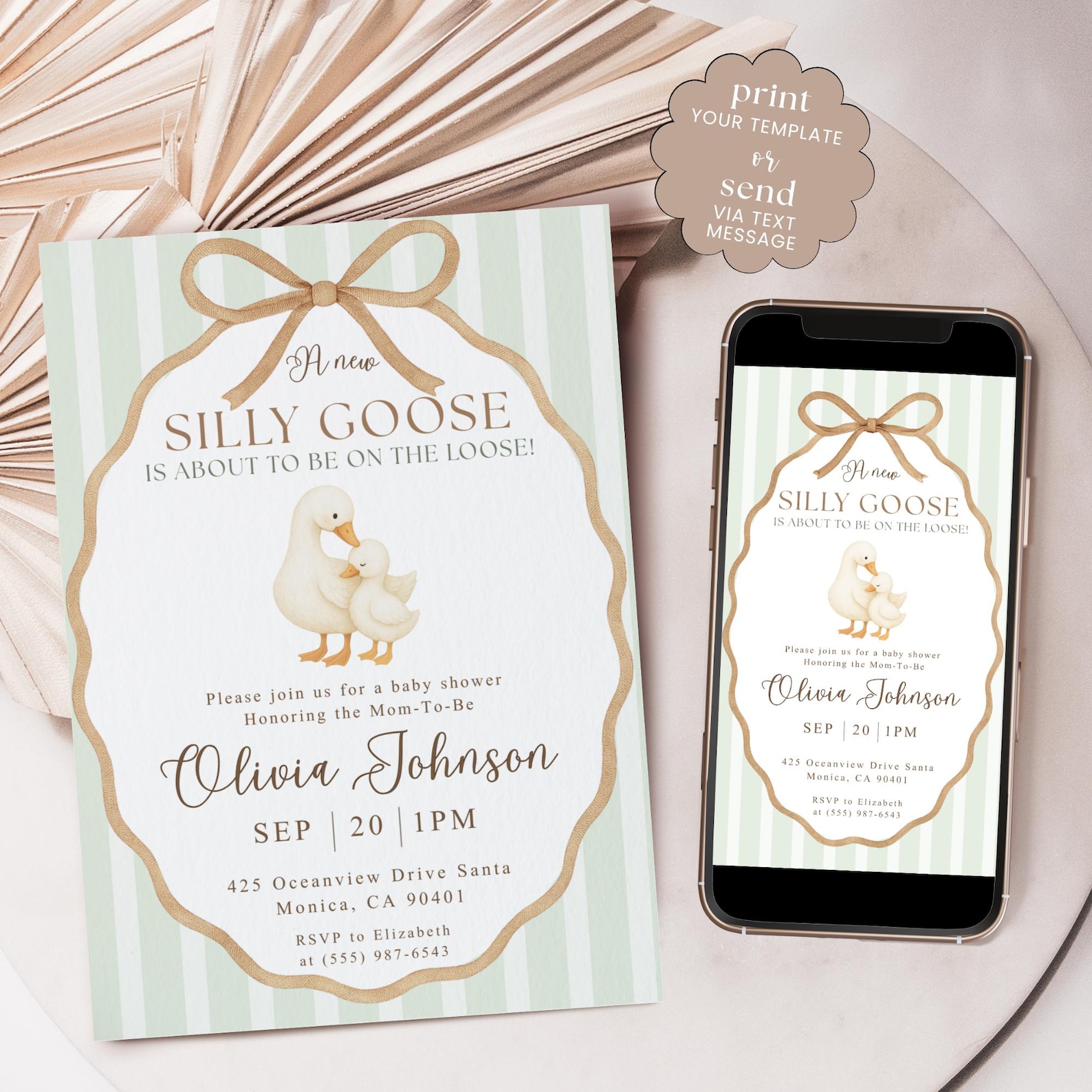 Silly Goose Baby Shower Invitation – Editable Green Stripes Canva ...