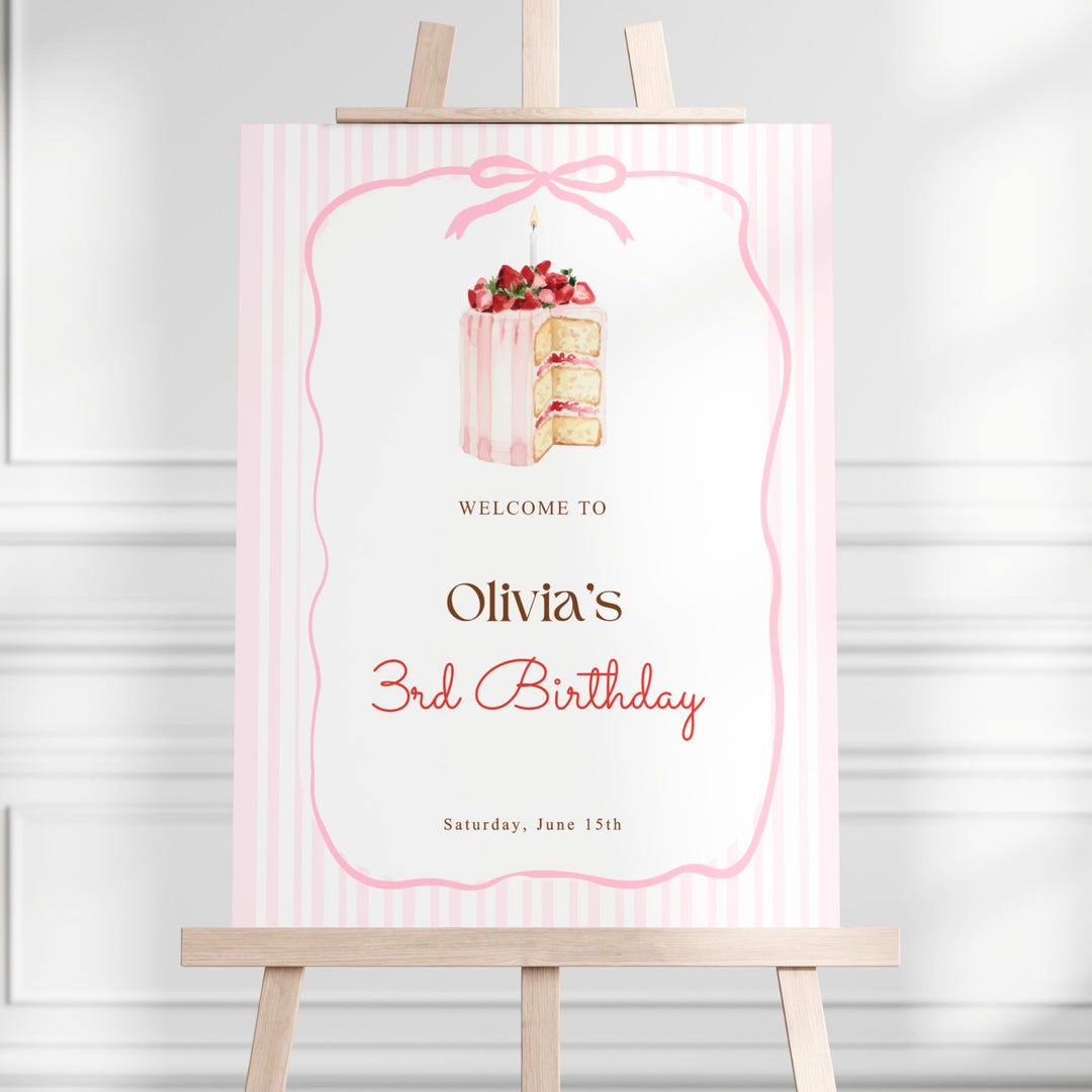Editable Strawberry Cake Birthday Welcome Sign | Pink Bow Party Canva ...