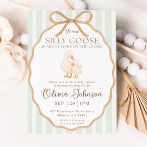 Silly Goose Baby Shower Invitation – Editable Green Stripes Canva ...