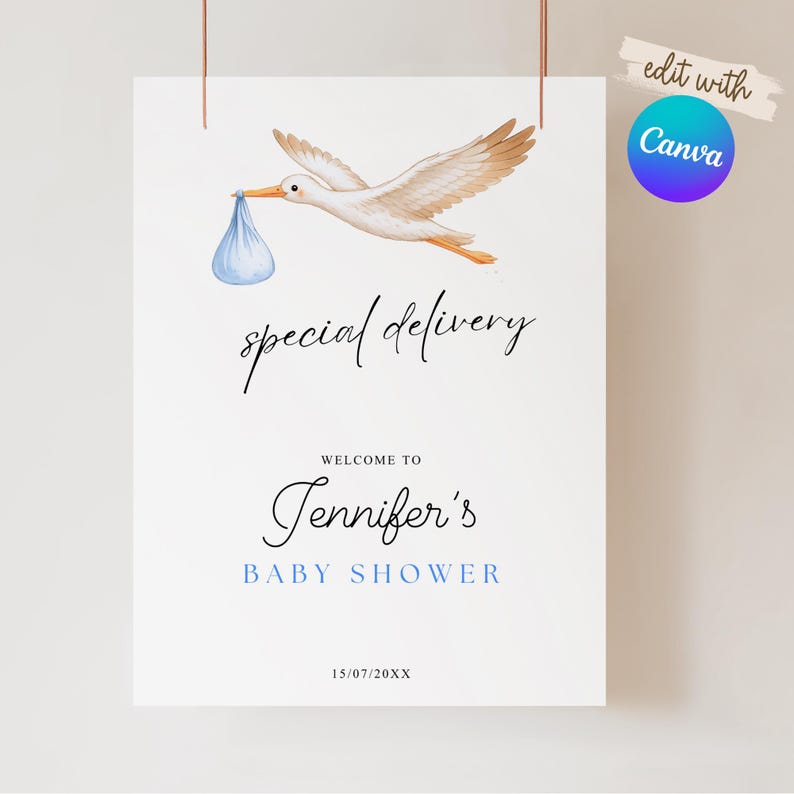 Editable Baby Shower Welcome Sign Template, Stork Blue Bundle, Special ...