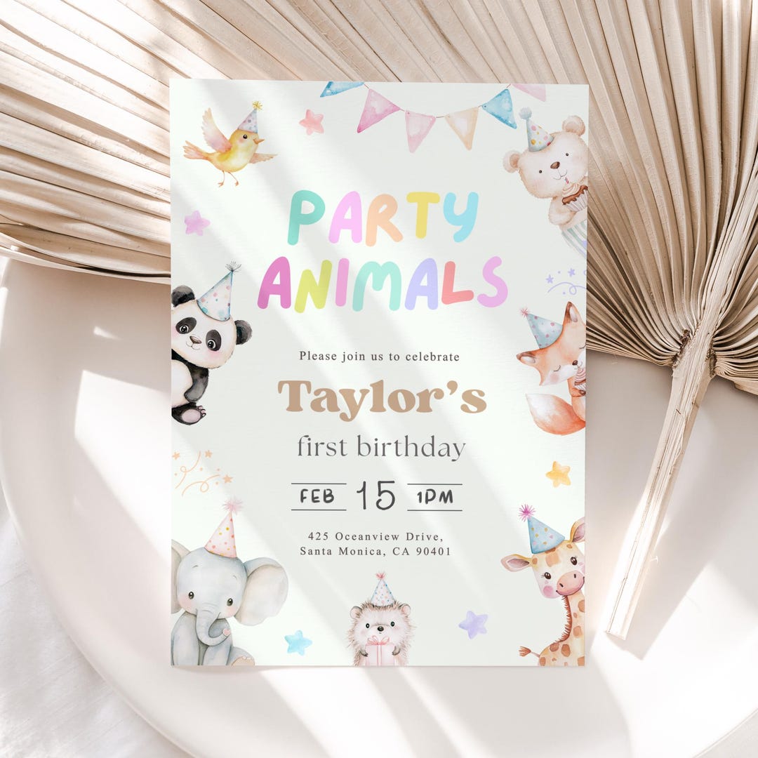 Party Animals Birthday Invitation, Watercolor Animals, Canva Editable ...