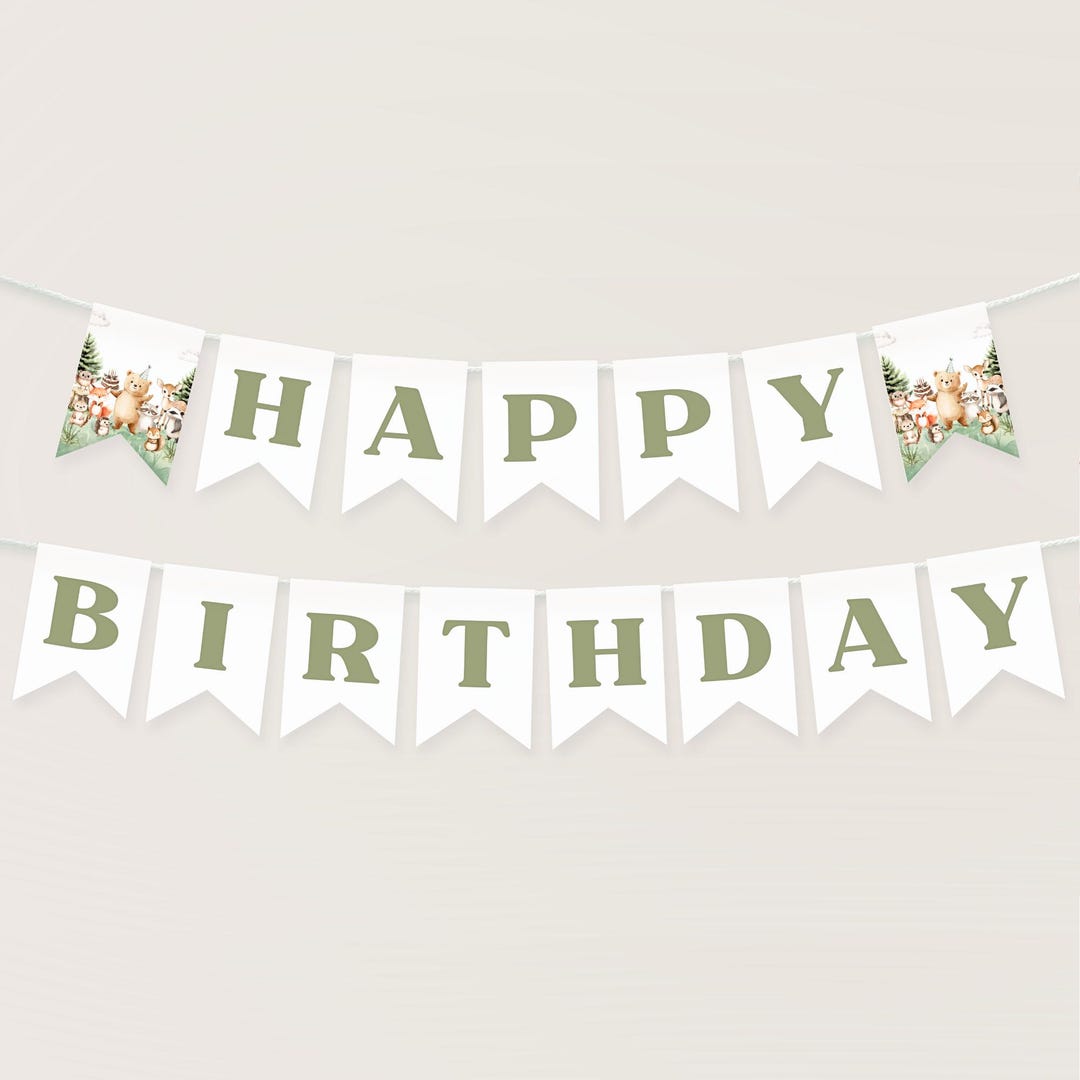 Woodland Animals Happy Birthday Banner, Editable Party Decoration ...