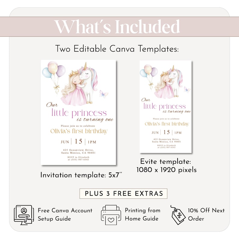 Little Princess First Birthday Invitation | Unicorn Party | Editable ...