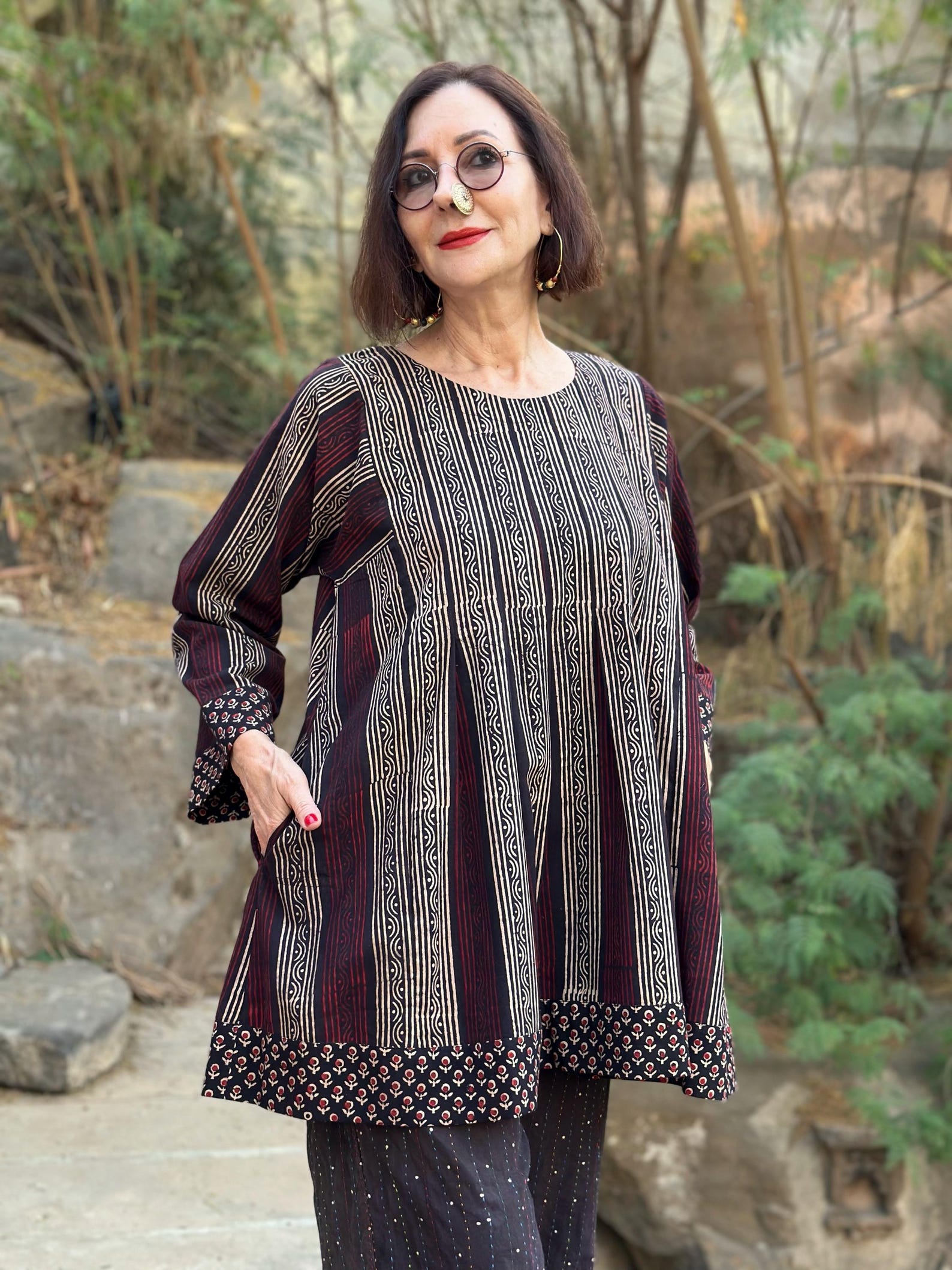 Black Cotton Tunic From Vegetable Dyed Stripe Bordered With a Floral ...