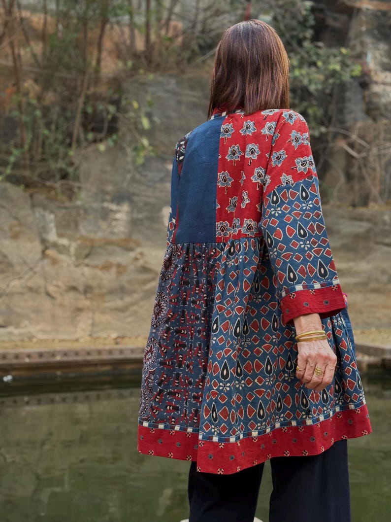 Indigo Blue Red Ajrakh Tunic, Indian Mirror Embroidery Kaftan Style - Etsy