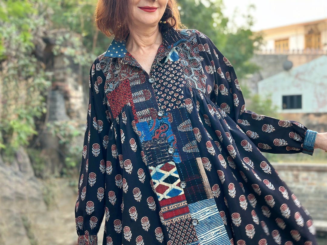 Buy Smock Style Shirt From Ajrakh Hand Printed Cotton. Hand Quilted and ...