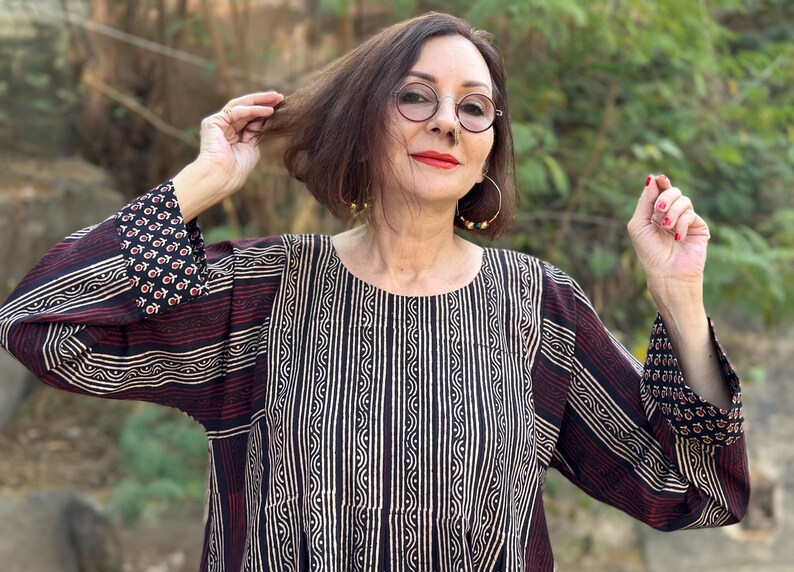 Black Cotton Tunic From Vegetable Dyed Stripe Bordered With a Floral ...