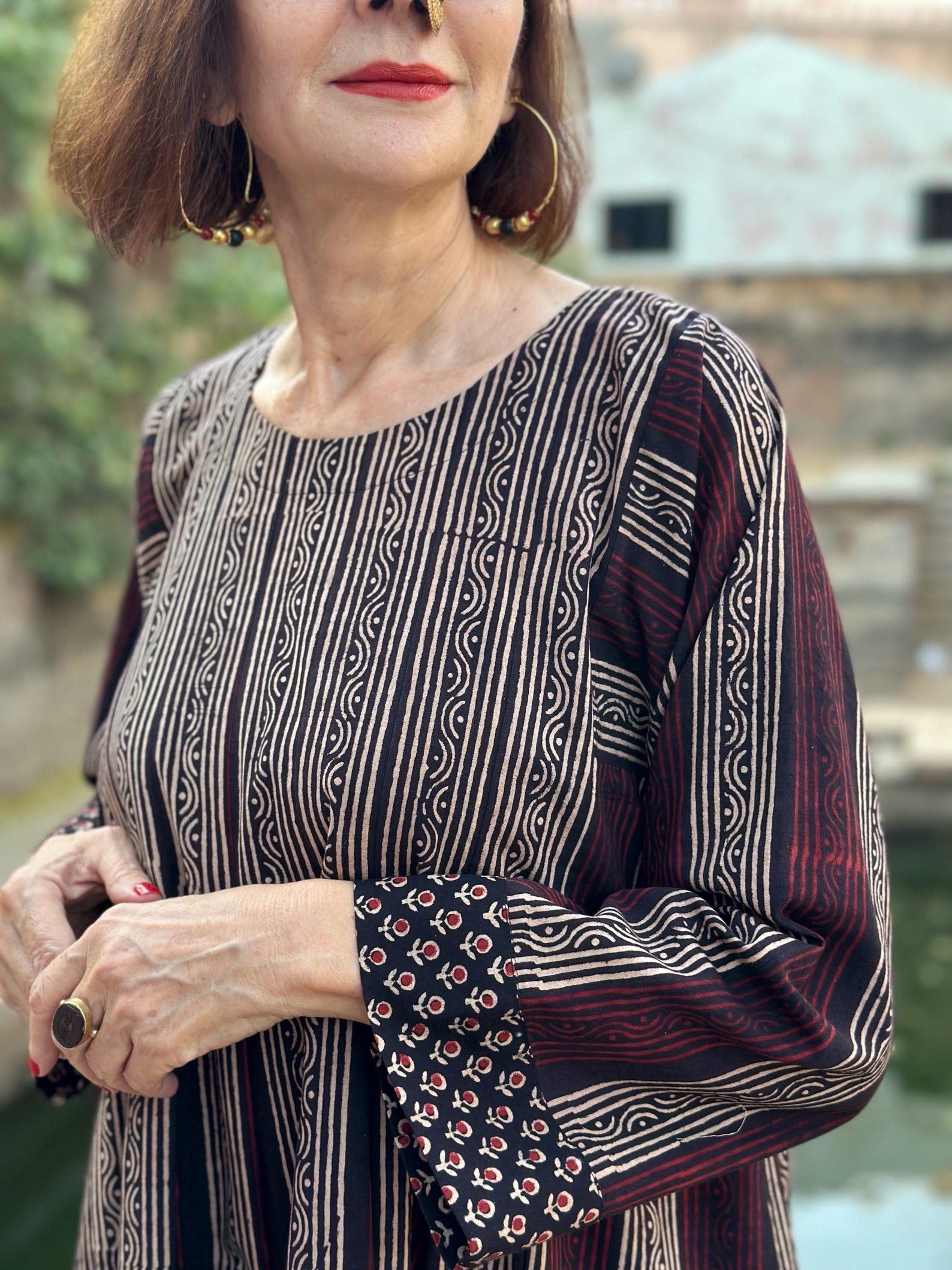 Black Cotton Tunic From Vegetable Dyed Stripe Bordered With a Floral ...
