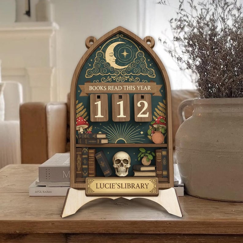 Personalized Wooden Book Tracker Sign, Gothic Bookshelf Decor ...