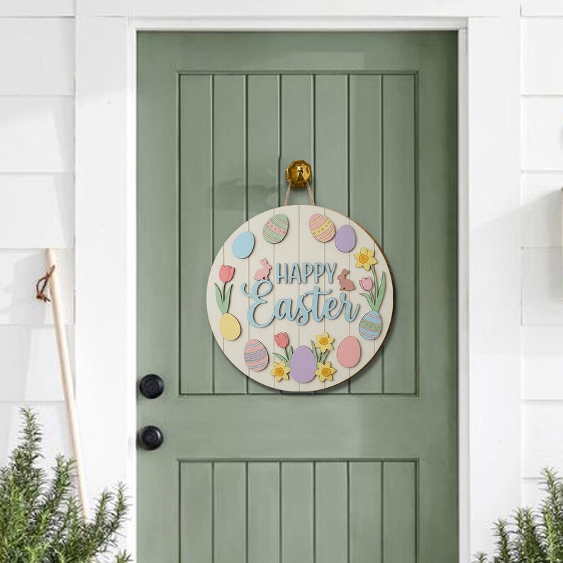 Happy Easter 3D Wooden Round Sign, Pastel Egg Bunny Spring Door Hanger ...