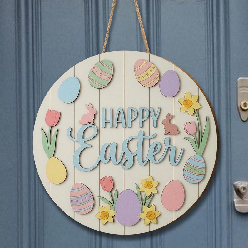 Happy Easter 3D Wooden Round Sign, Pastel Egg Bunny Spring Door Hanger ...
