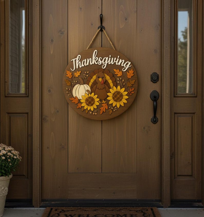 Thanksgiving 3D Wooden Door Sign, Turkey Fall Decor, Sunflower Pumpkin ...