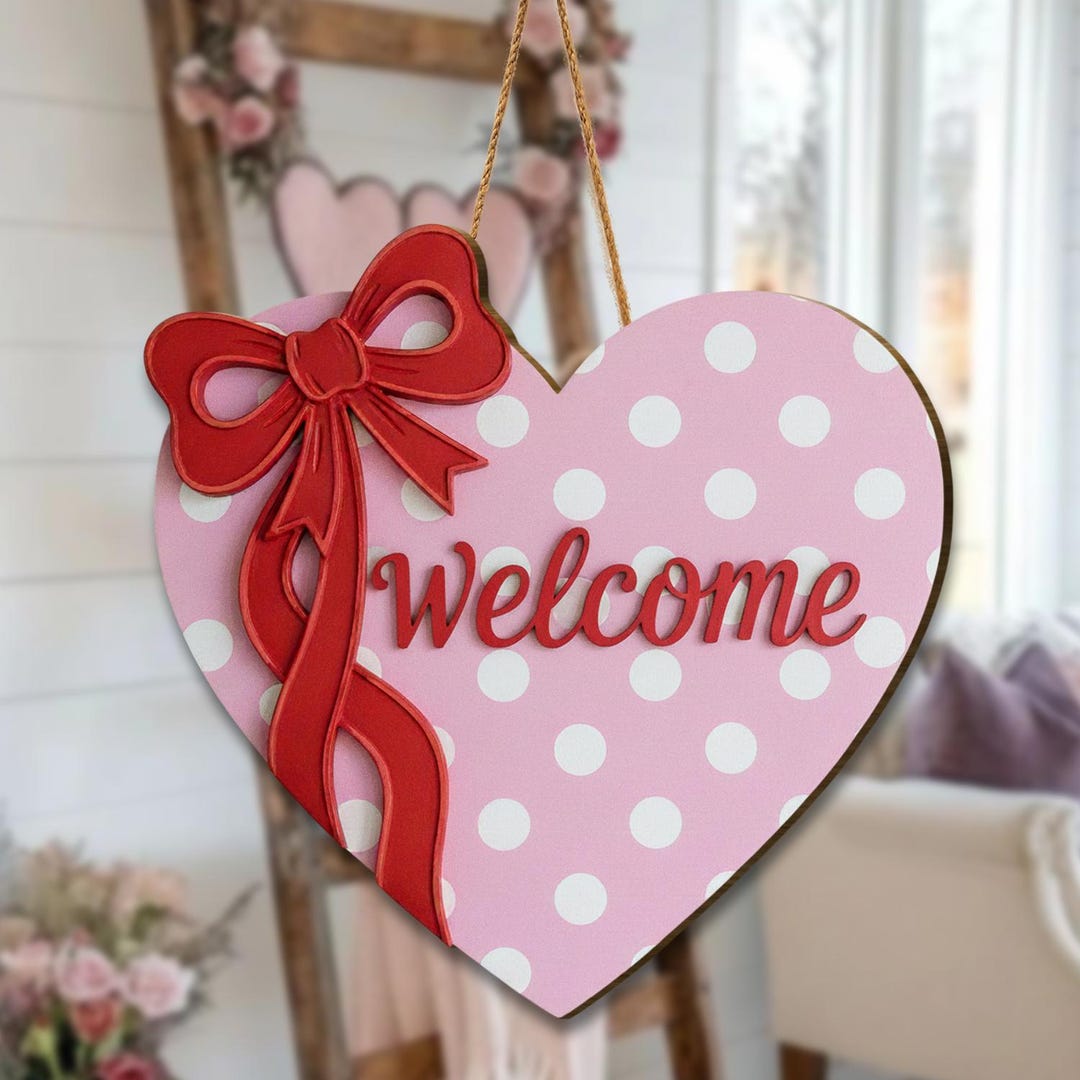 Valentine Heart Welcome Door Sign, 3D Pink Polka Dot Heart Decor, Love ...