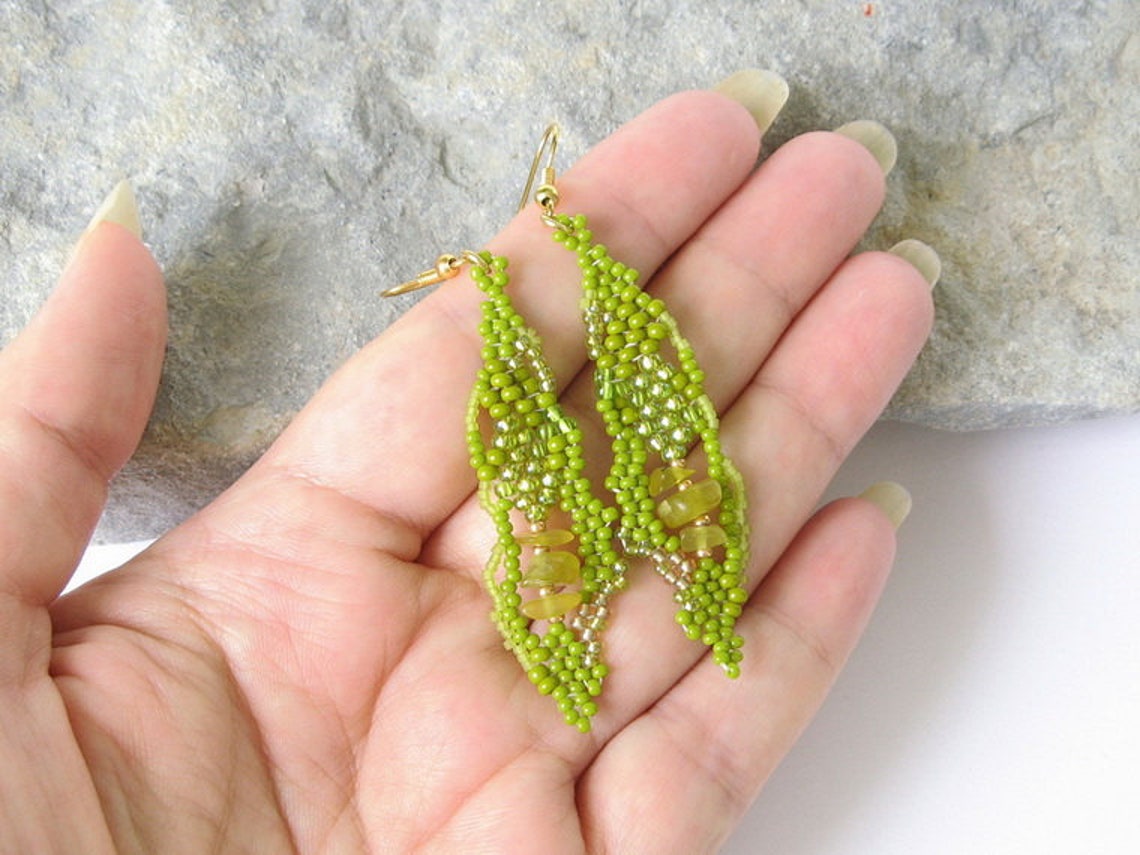 Green Freeform Peyote Jewelry Set, Plants Motive Beaded Jewelry ...