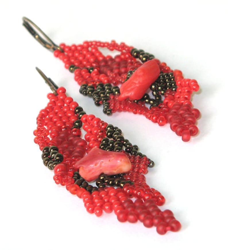 Coral Red Jewelry Set, Beaded Jewelry, Beadwork Necklace, Seed Bead ...