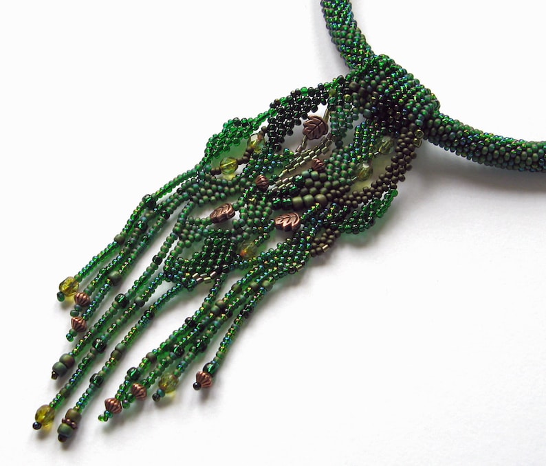 Green Beadwork Necklace, Boho Green Jewelry, Freeform Peyote Necklace ...