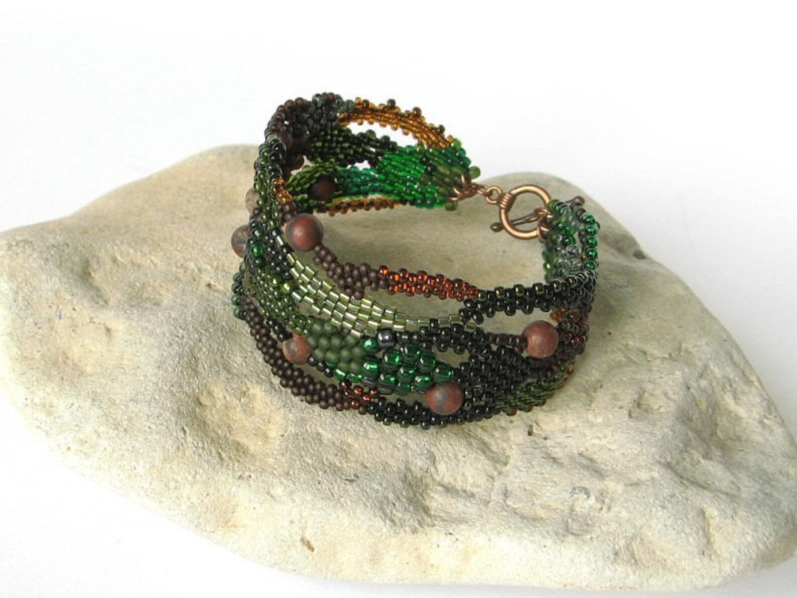 Dark Green Beadwork Bracelet, Green Free Form Peyote Bracelet, Dark ...