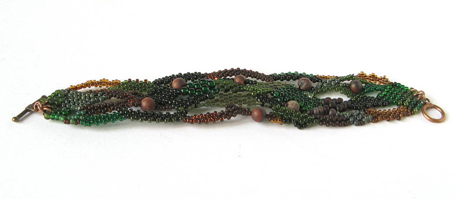 Dark Green Beadwork Bracelet, Green Free Form Peyote Bracelet, Dark ...