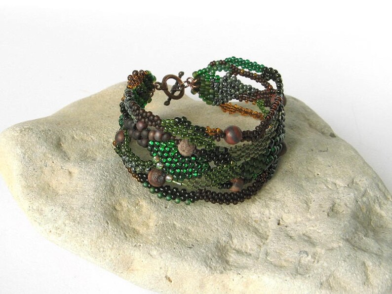 Dark Green Beadwork Bracelet, Green Free Form Peyote Bracelet, Dark ...