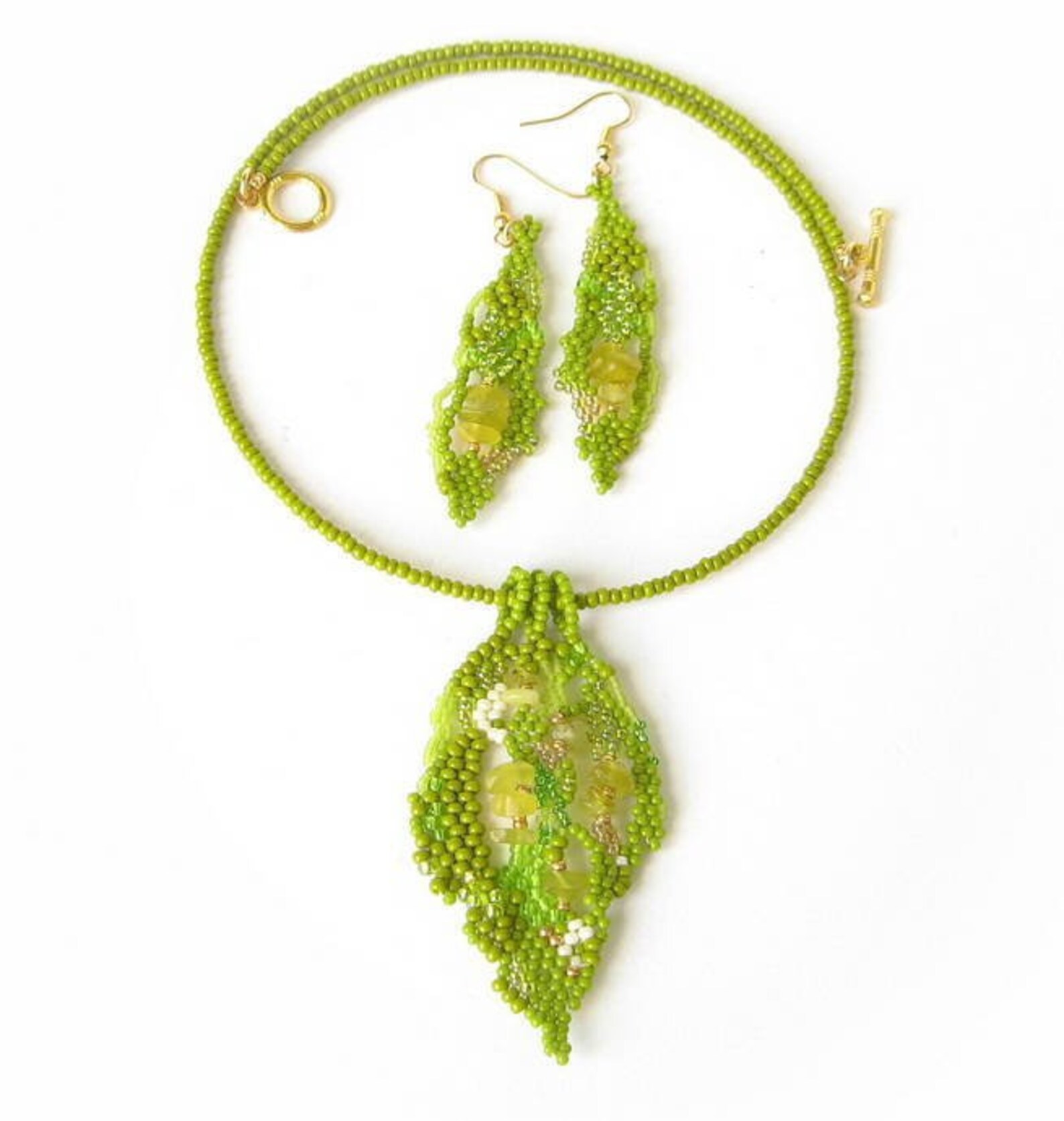 Green Freeform Peyote Jewelry Set, Plants Motive Beaded Jewelry ...