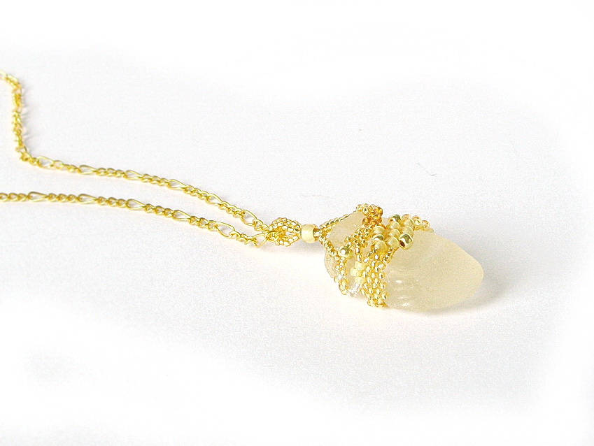 Clear Sea Glass Pendant, Freeform Seed Beads Pendant, Golden Glass ...