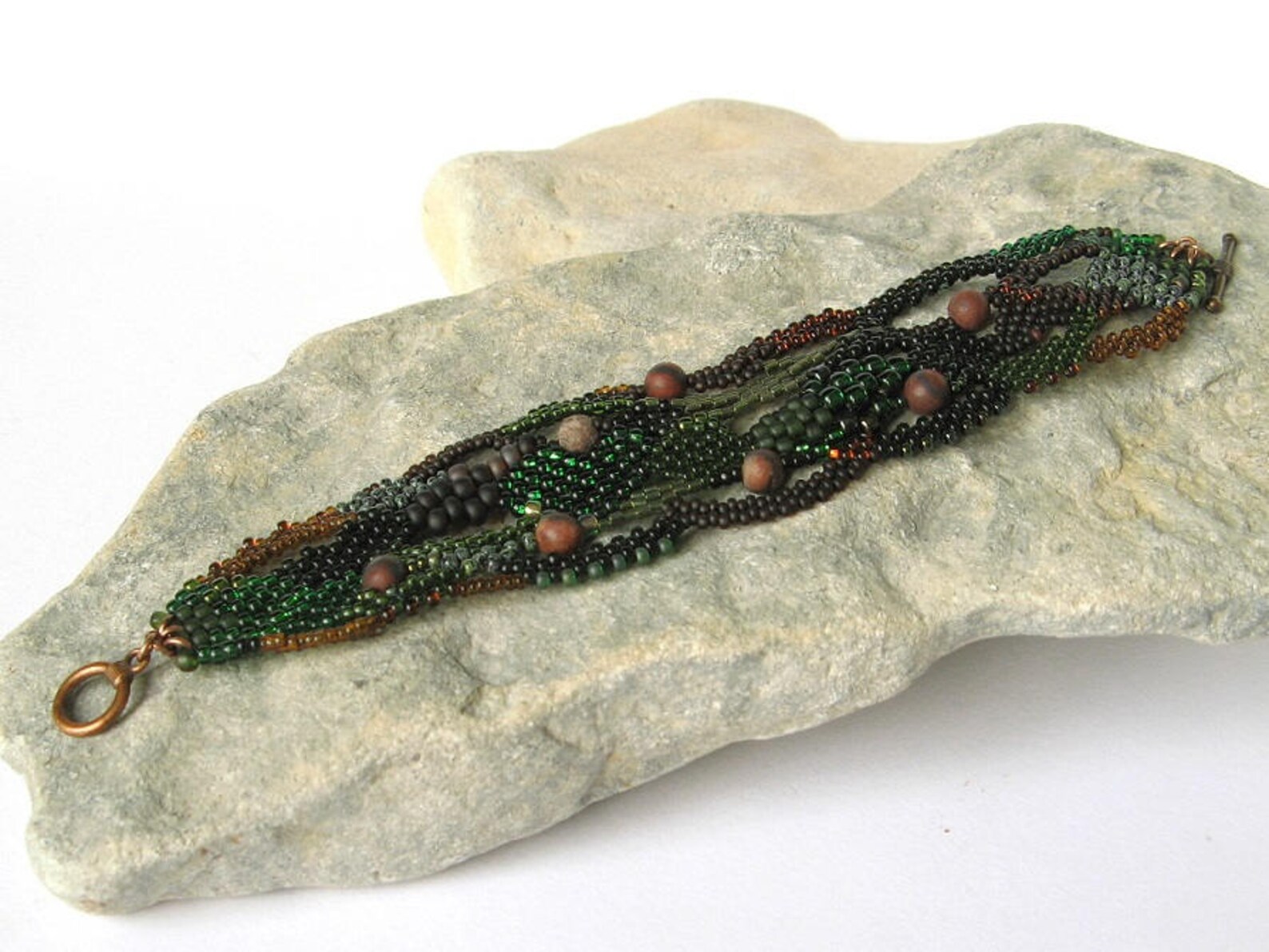 Dark Green Beadwork Bracelet, Green Free Form Peyote Bracelet, Dark ...