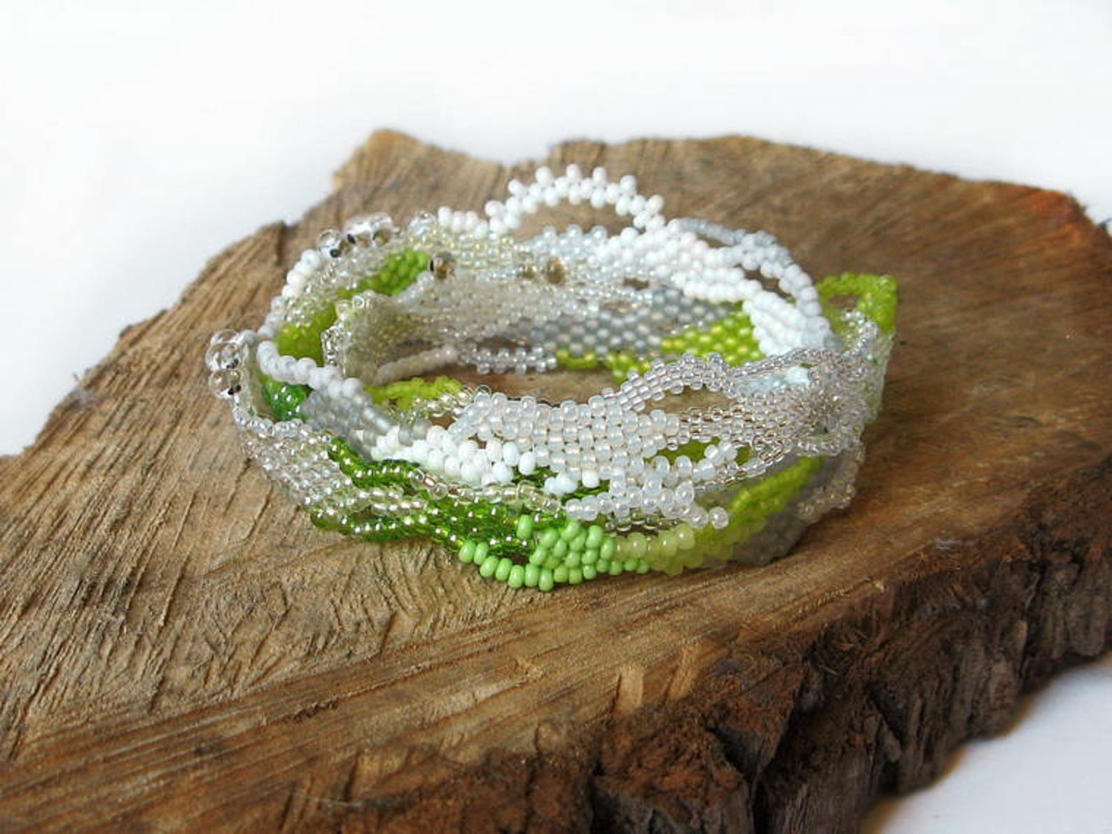 White Beadwork Freeform Bracelet, OOAK Beaded Jewelry, Bohemian Seed ...