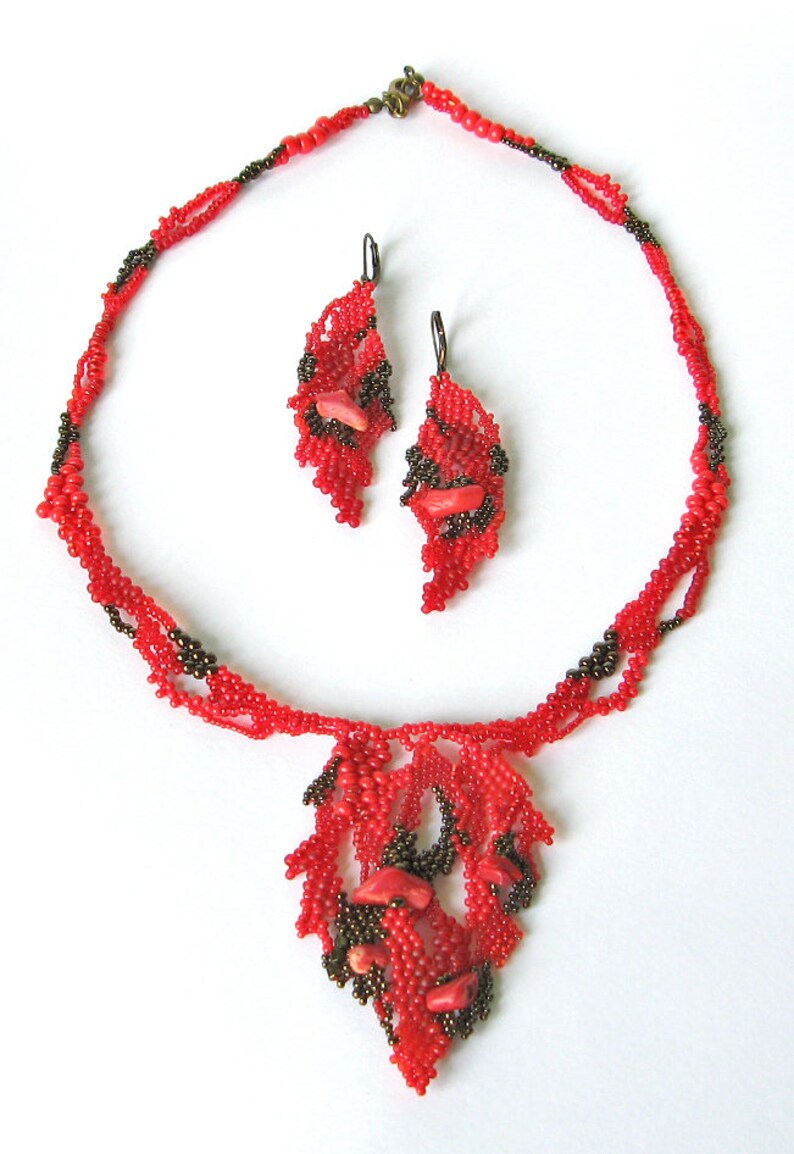 Coral Red Jewelry Set, Beaded Jewelry, Beadwork Necklace, Seed Bead ...