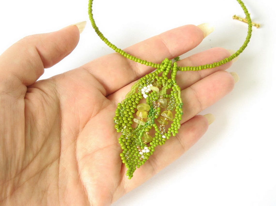 Green Freeform Peyote Jewelry Set, Plants Motive Beaded Jewelry ...