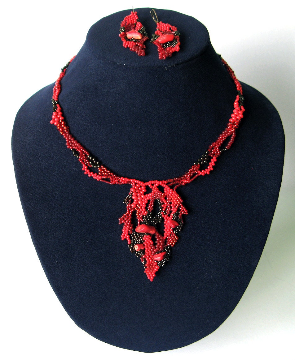 Coral Red Jewelry Set, Beaded Jewelry, Beadwork Necklace, Seed Bead ...