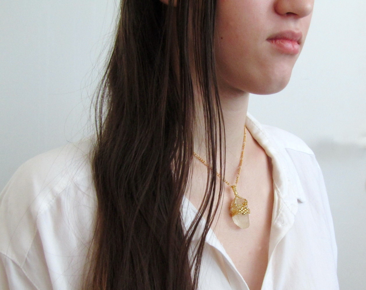 Clear Sea Glass Pendant, Freeform Seed Beads Pendant, Golden Glass ...