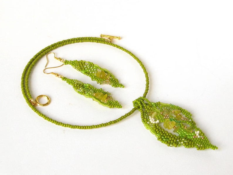 Green Freeform Peyote Jewelry Set, Plants Motive Beaded Jewelry ...