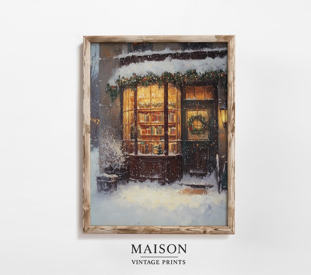 Winter Bookstore Scene Printable – Vintage Snowy Street Decor (digital ...