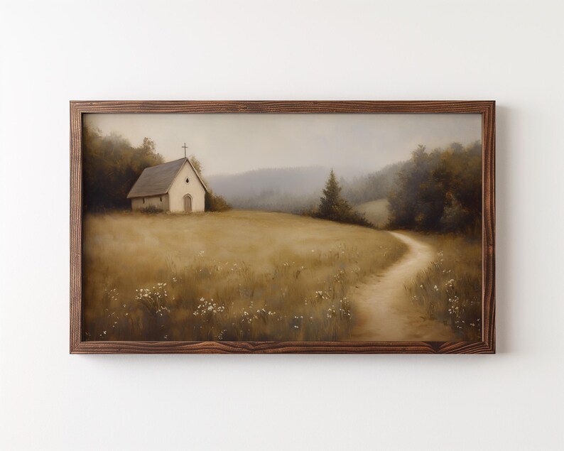 Frame TV Art Rustic Chapel Scene, Vintage Landscape, Moody Pastoral ...