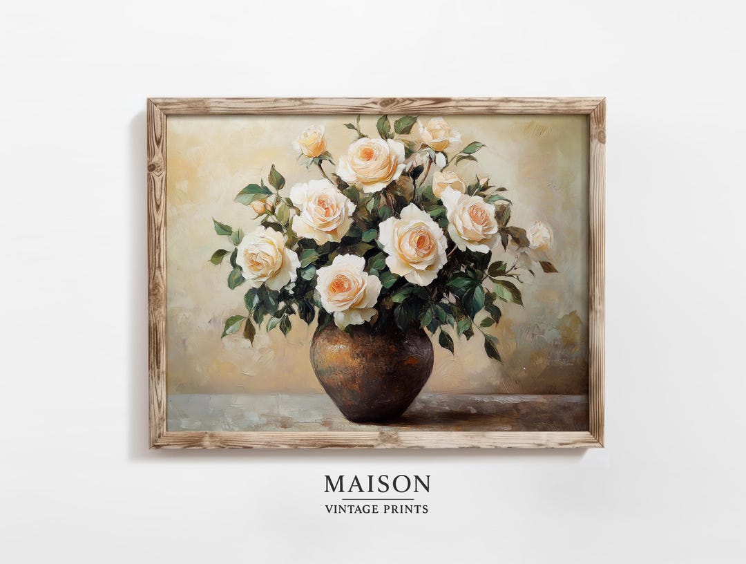 Vintage Blush Roses Still Life Art Print - Farmhouse Floral (digital ...